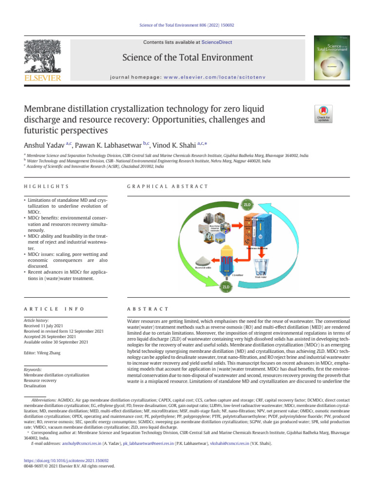 Membrane Distillation Crystallization Technology for Zero Liquid ...