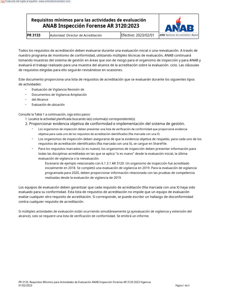 PR 3133 Minimum Requirements For Assessment Activities ANAB Forensic Inspection AR 3120 - 2023 ...