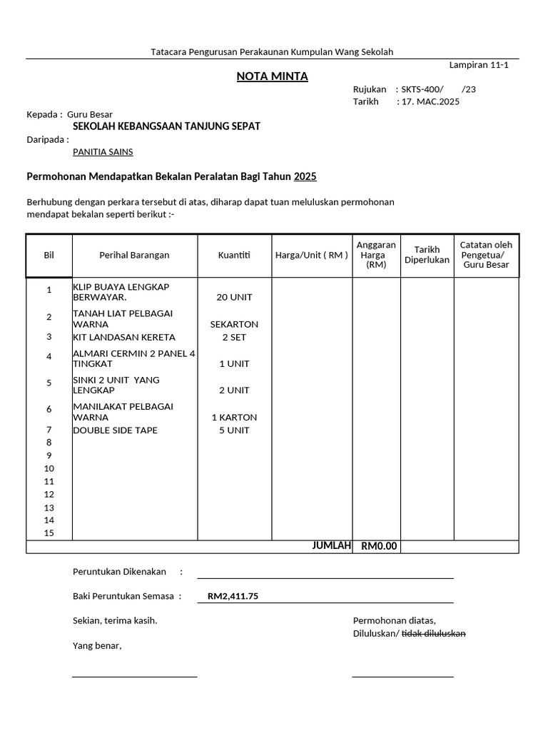 Format Nota Minta - Panitia Sains 2025 | PDF