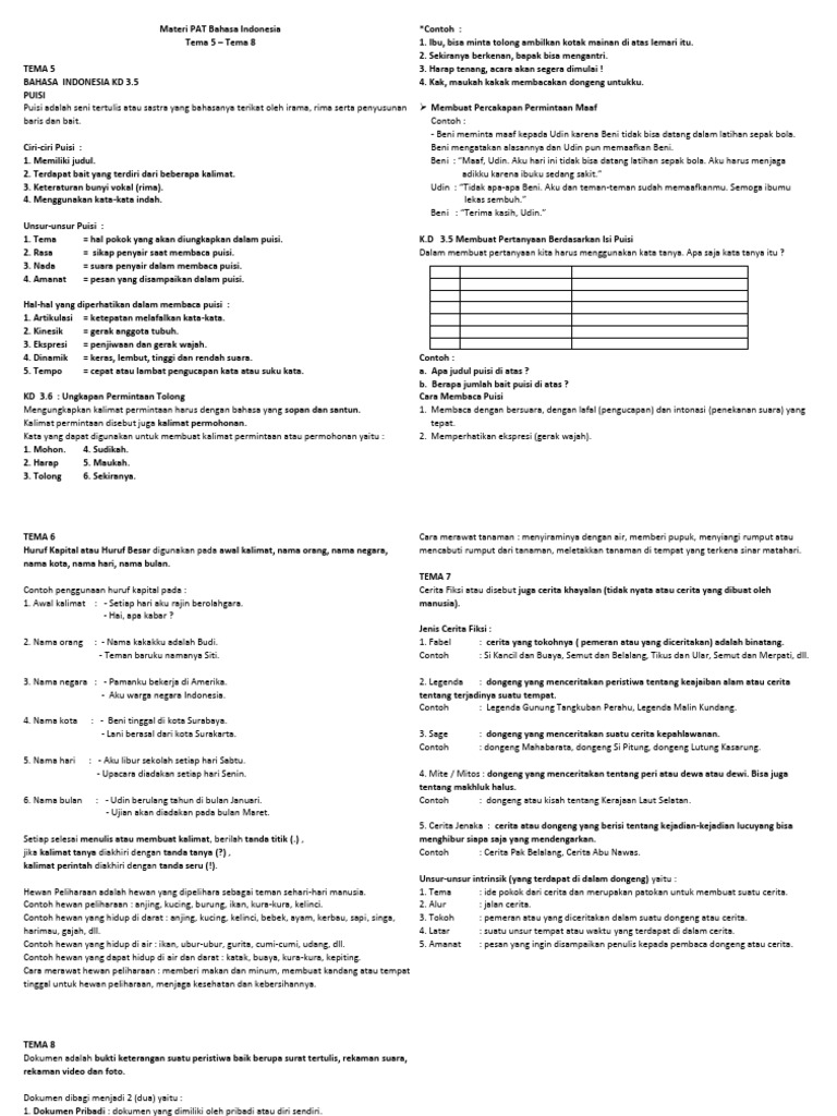 Materi PAT Bahasa Indonesia T5-T8 | PDF