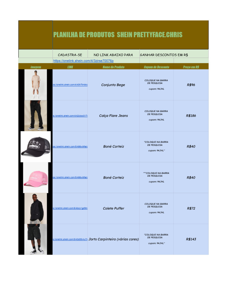 SHEIN Product Spreadsheet by PrettyFace.chris | PDF