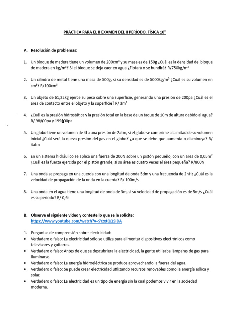 PRÁCTICA PARA EL II EXAMEN DEL II PERÍODO FÍSICA 10 | PDF | Electricidad | Electrostática