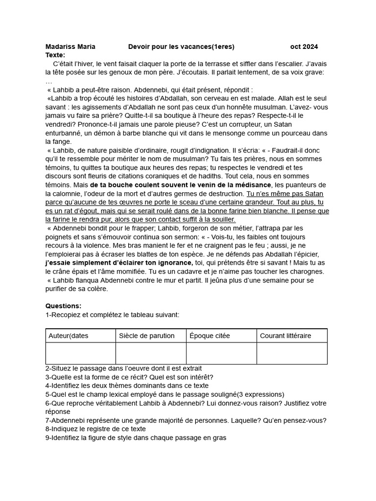 Devoir de français : Analyse littéraire 1ère | PDF