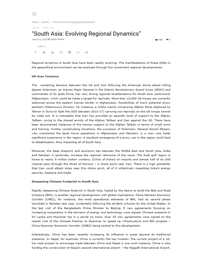South Asia - Evolving Regional Dynamics | PDF | Diplomacy ...