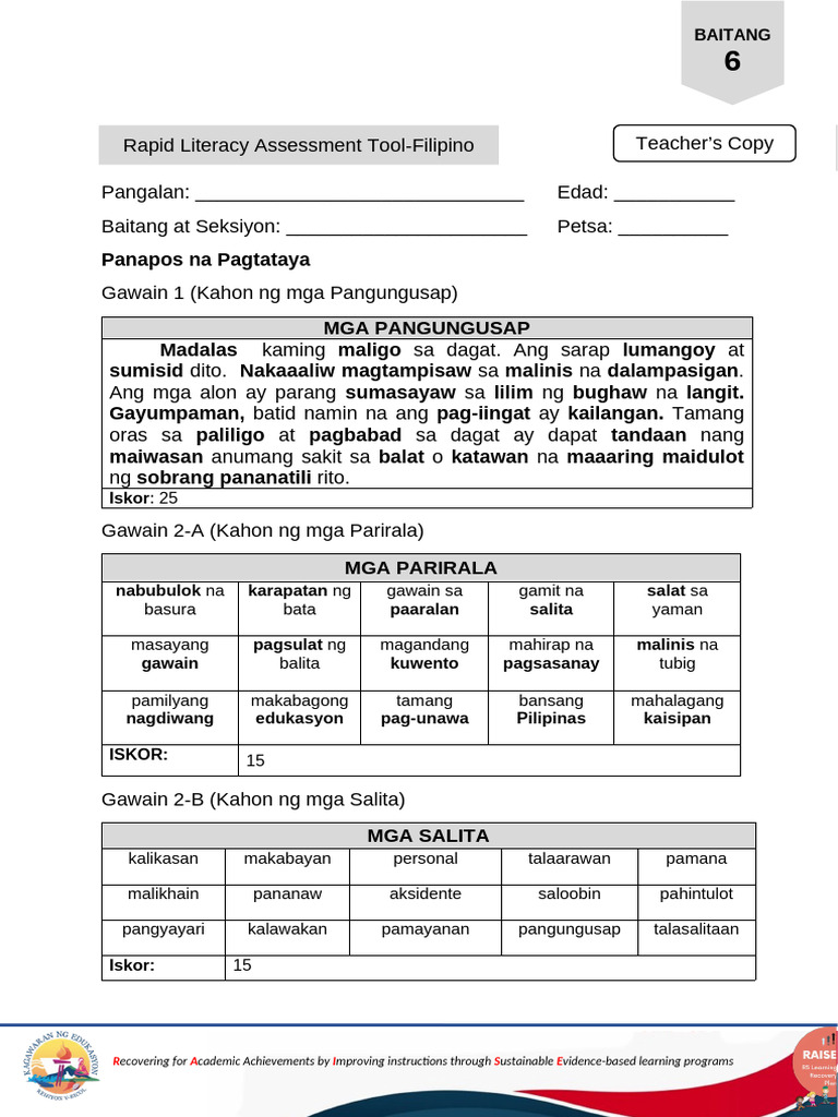 RLA Fil Grade6 Post Test | PDF