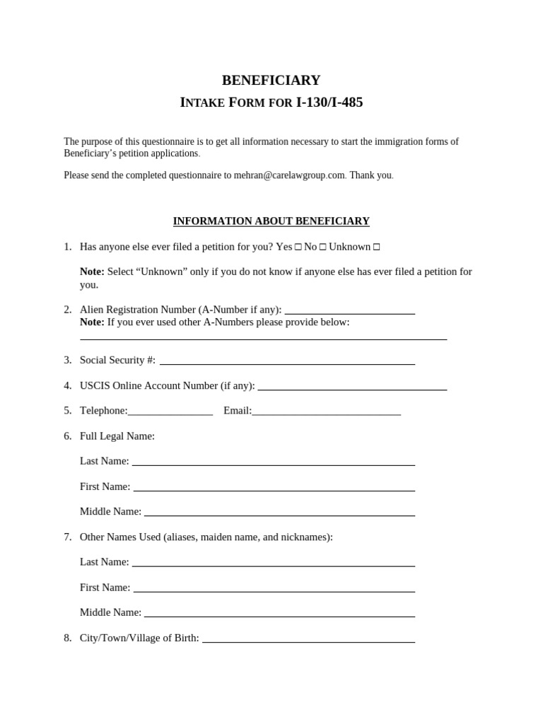 I-130/I-485 Beneficiary Intake Form | PDF | Race And Ethnicity In The ...