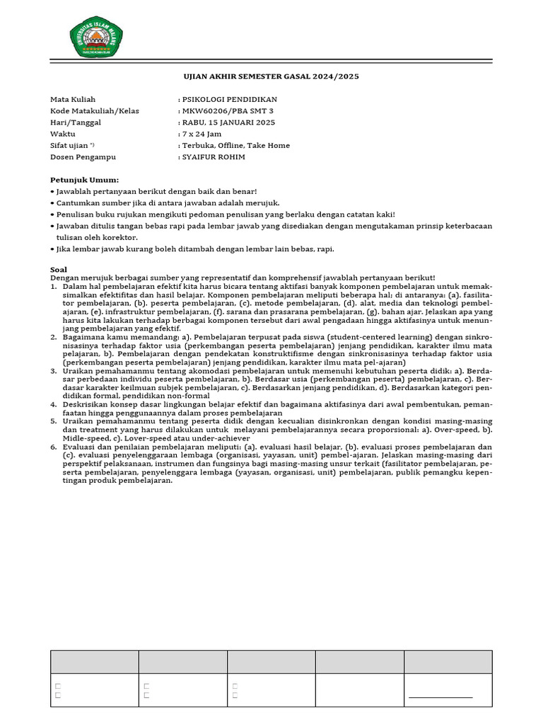 003 - UAS Psikologi Pendidikan 2024-2025 | PDF