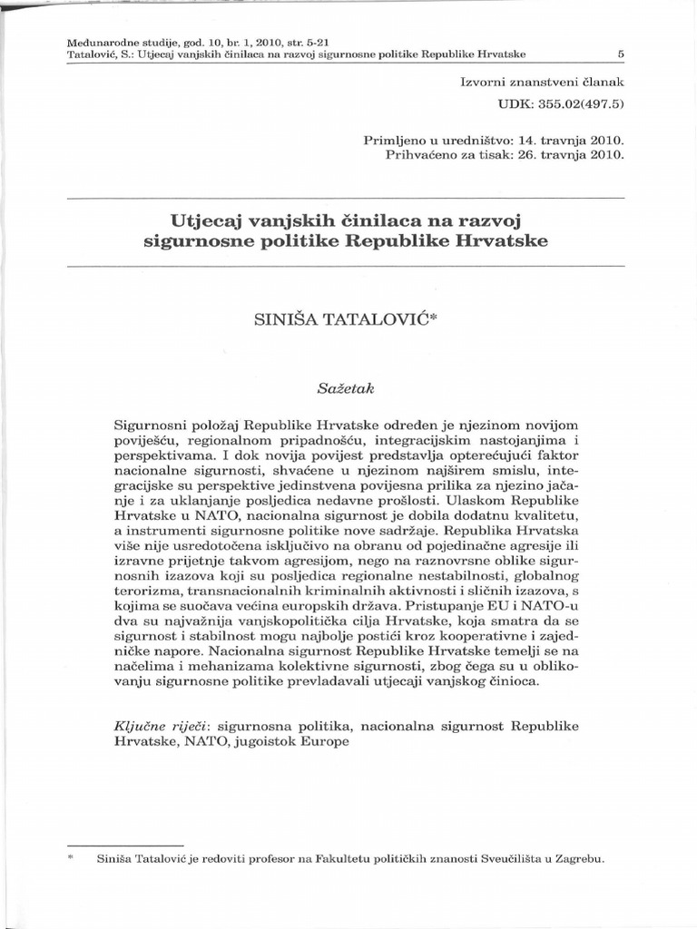 9. Tatalović - Utjecaj Vanjskih Činilaca Na Razvoj Sigurnosne Politike Republike Hrvatske | PDF