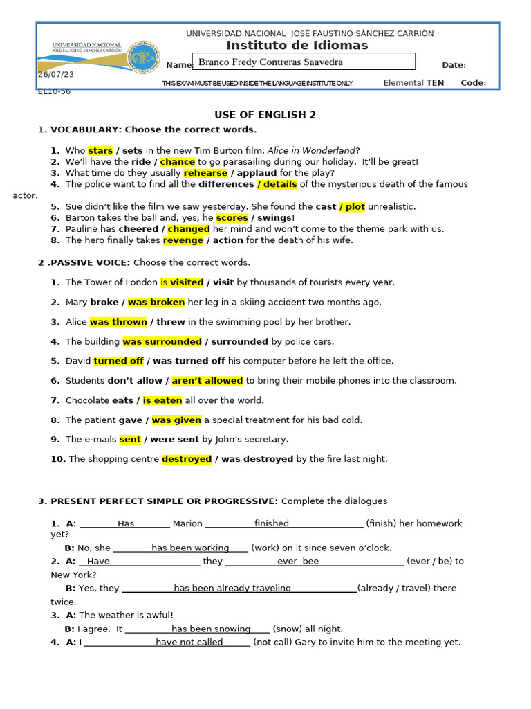 English Exam: Vocabulary & Grammar Test | PDF