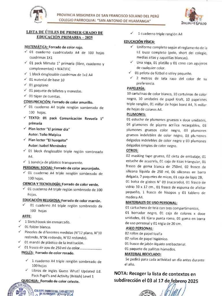 Lista de Utiles 1ro Grado de Primaria | PDF