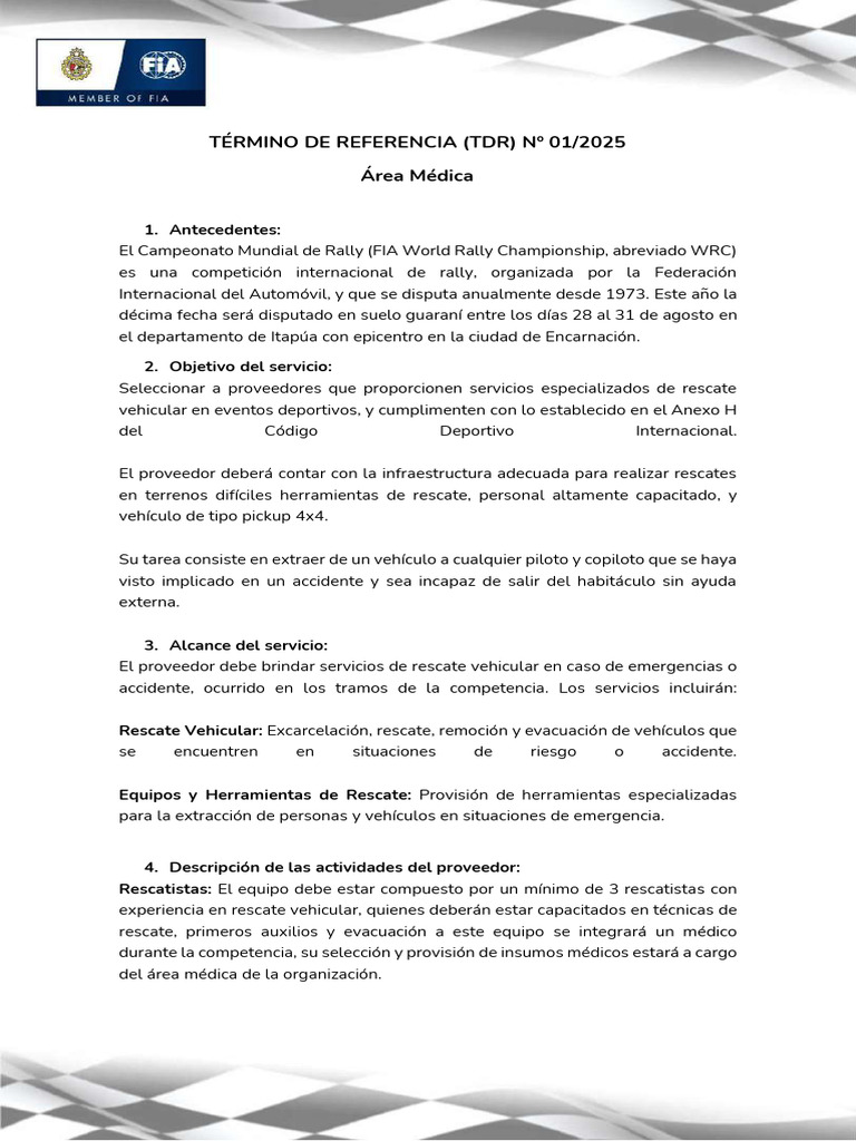 Términos de Referencia (TDR) Equipo de Rescate WRC | PDF | Vehículo de motor