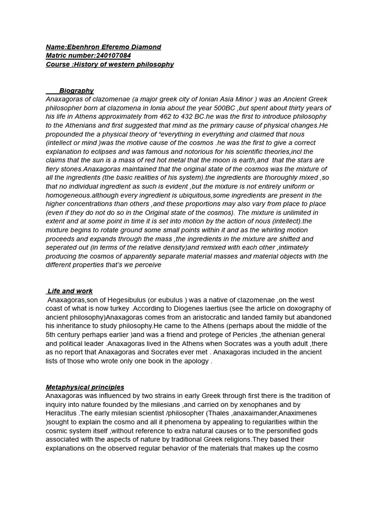 Anaxagoras: Philosophy and Metaphysics | PDF | Nous | Ancient Greek ...