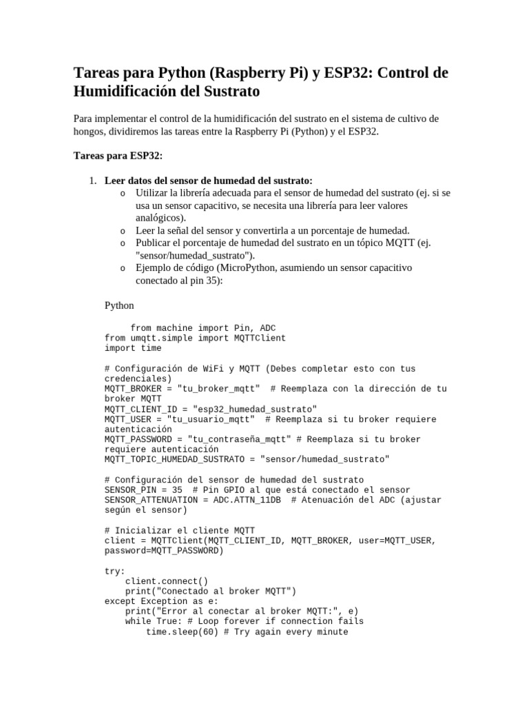 Tareas para Python Raspberry Pi y ESP32 Control de Humidificación del Sustrato | PDF | Sensor ...