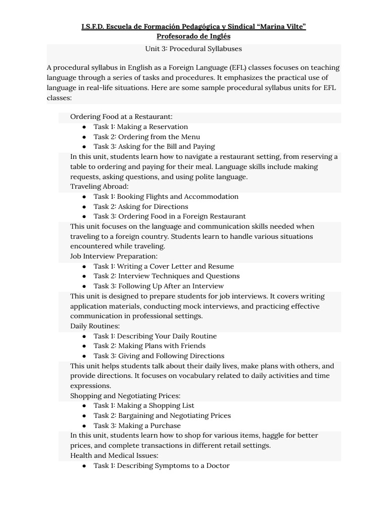 EFL Procedural Syllabus Units | PDF | Learning | Language Acquisition
