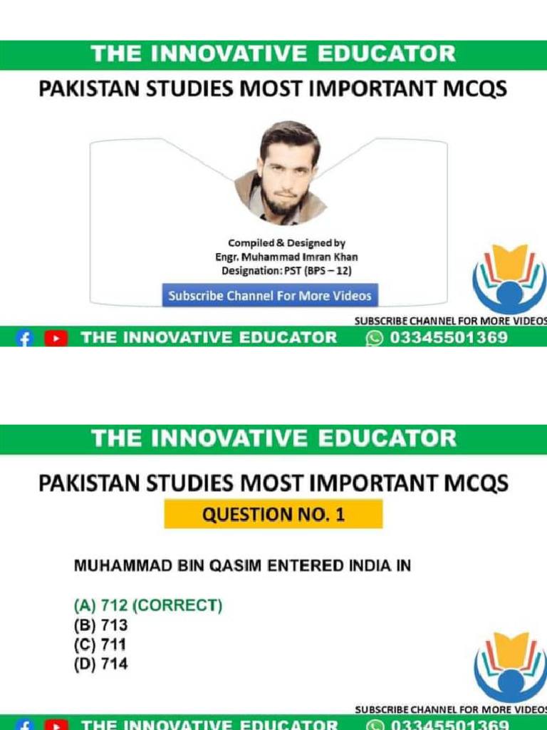 Pakistan Study MCQs - Imran Ustad - 03345501369 | PDF