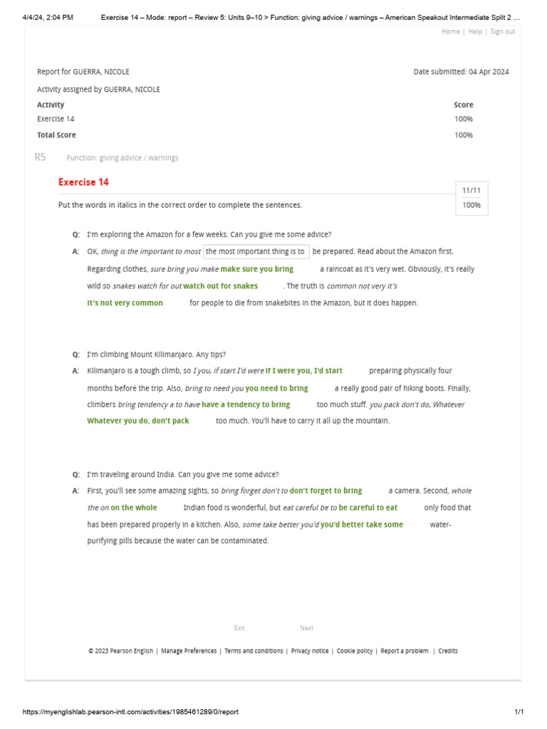 Exercise 14 - Mode - Report - Review 5 - Units 9-10 - Function - Giving ...