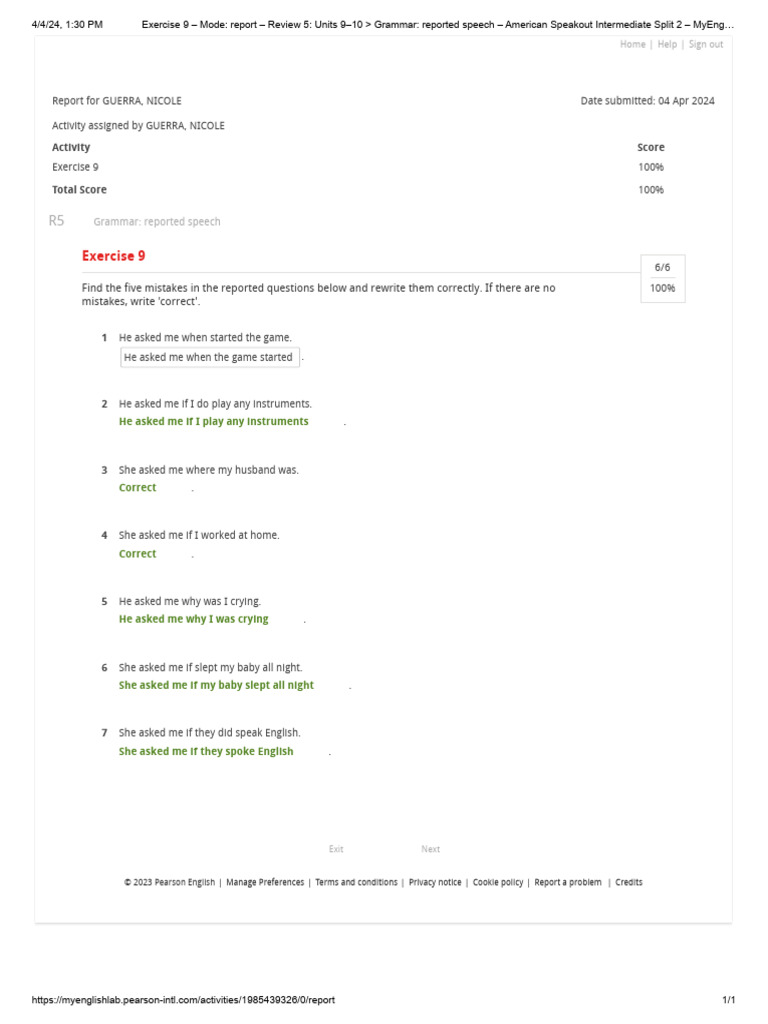 Reported Speech Exercise Results | PDF