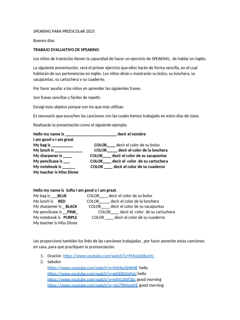 SPEAKING PARA PREESCOLAR 2025 | PDF