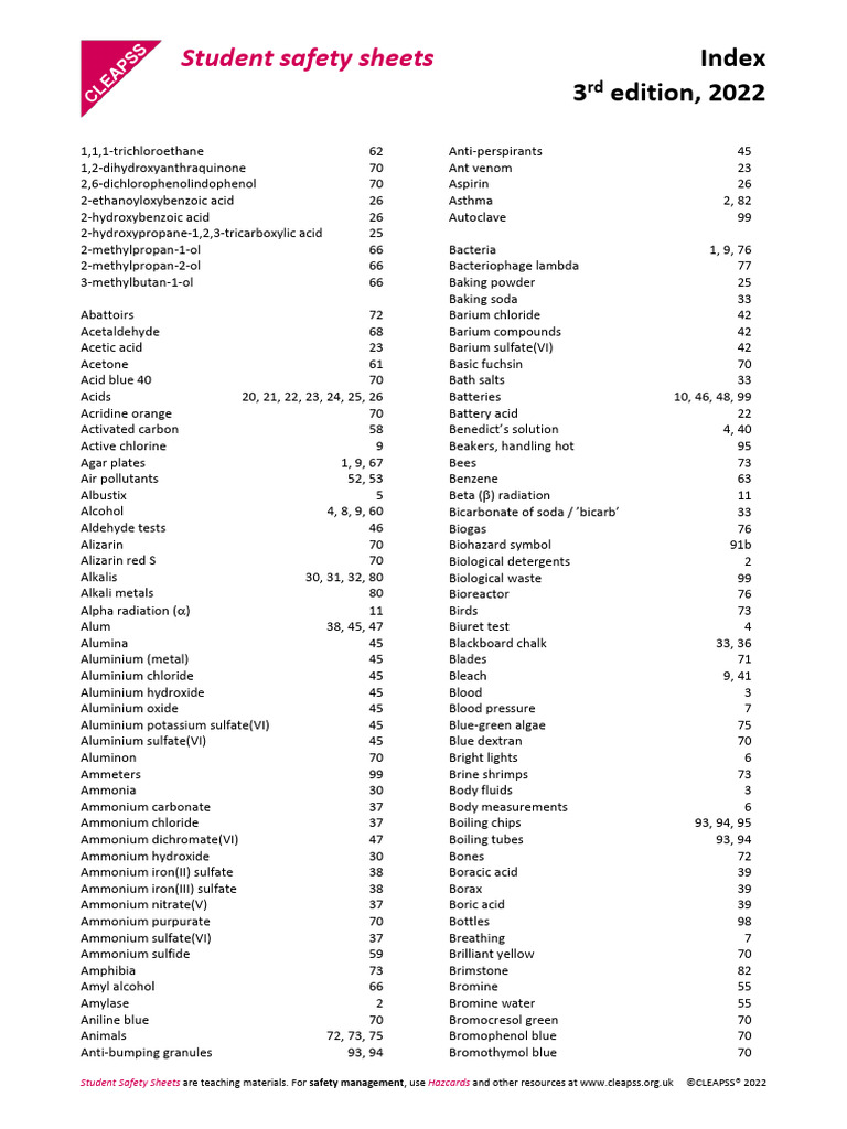 Student Safety Sheet Index | PDF | Diet & Nutrition | Chemistry