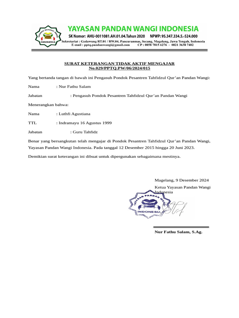SURAT KETERANGAN SELESAI PENGABDIAN luthfi | PDF
