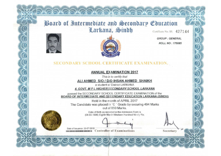 Matric Certificate | PDF