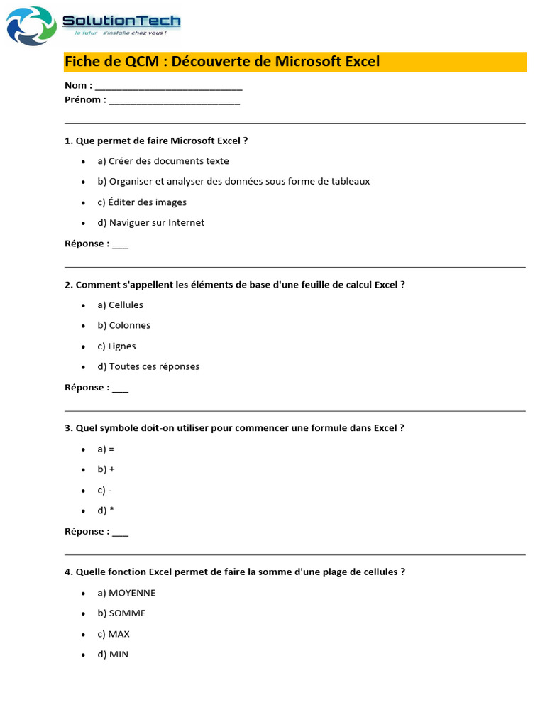 Fiche de QCM EXCEL | PDF