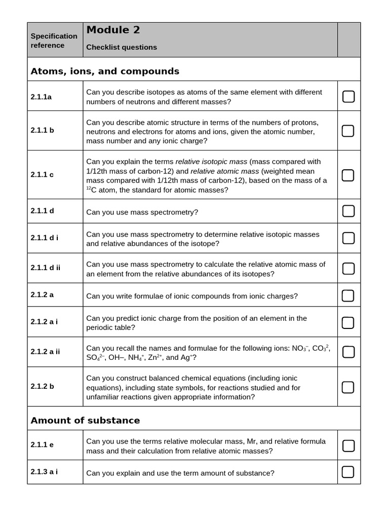 Module 2 contents checklist | PDF | Chemical Bond | Mole (Unit)