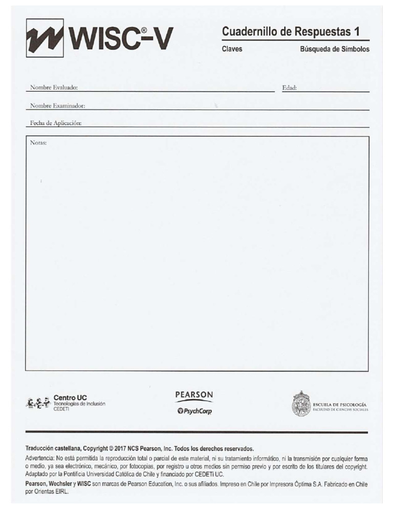 Cuadernillo de Respuestas 1 WISC V de 8 A 16 Años | PDF