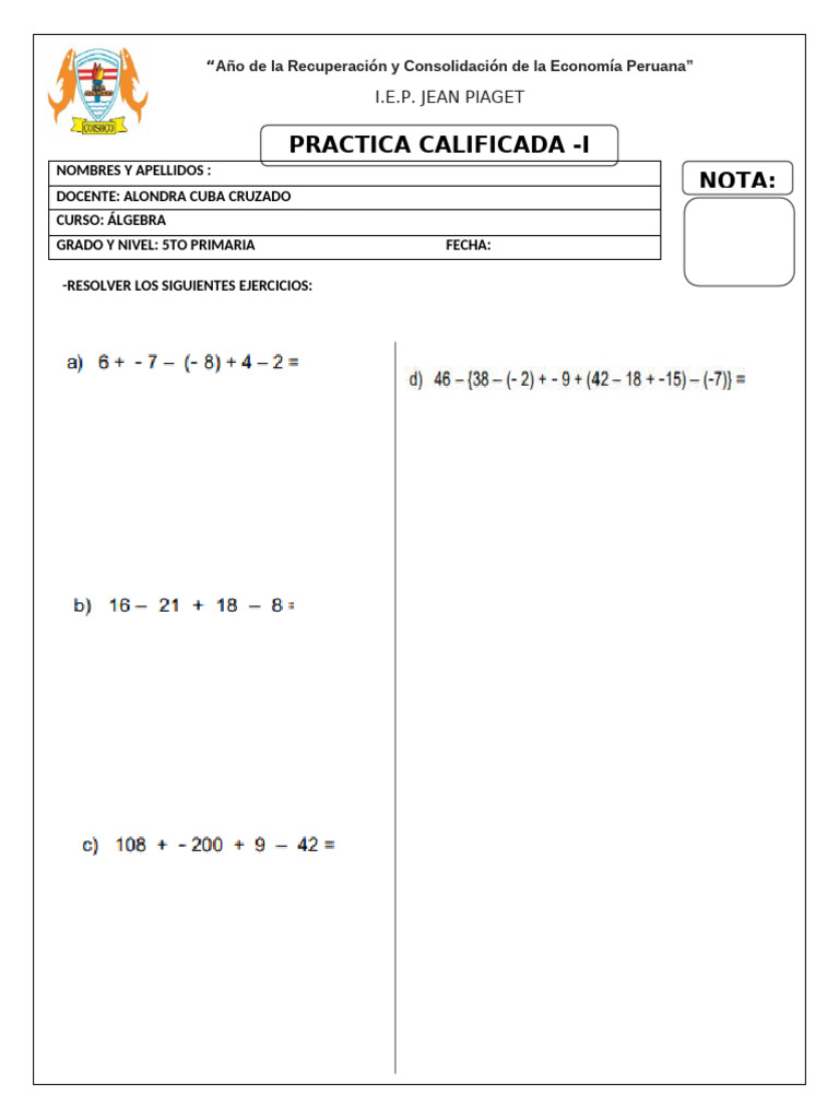 Ejercicios de Álgebra 5to Primaria | PDF