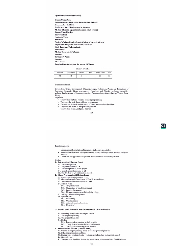 OR Course Outline by HusseinM | PDF