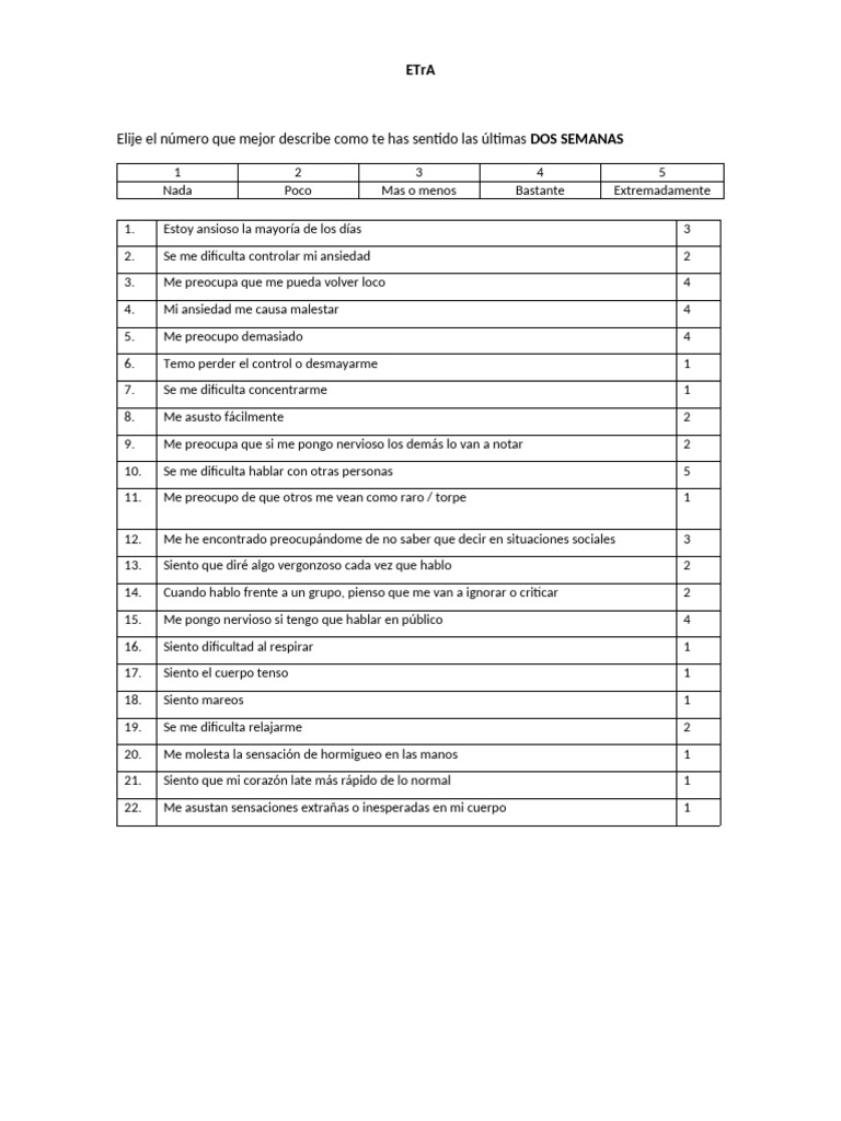 Evaluación de Ansiedad ETrA | PDF | Ansiedad | Salud mental