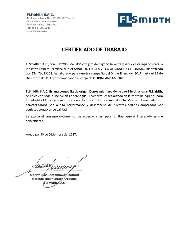 Certificado de Trabajo FLSmidth S.A.C. | PDF