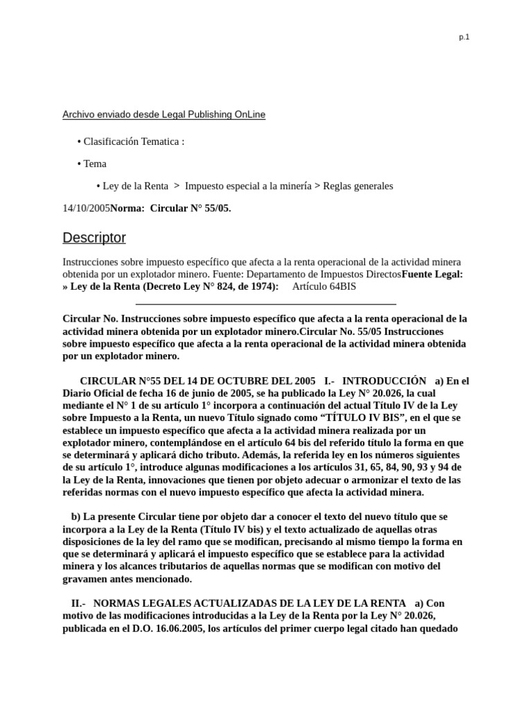 Circular 55 Renta Operacional Mineria | PDF | Impuestos | Minería