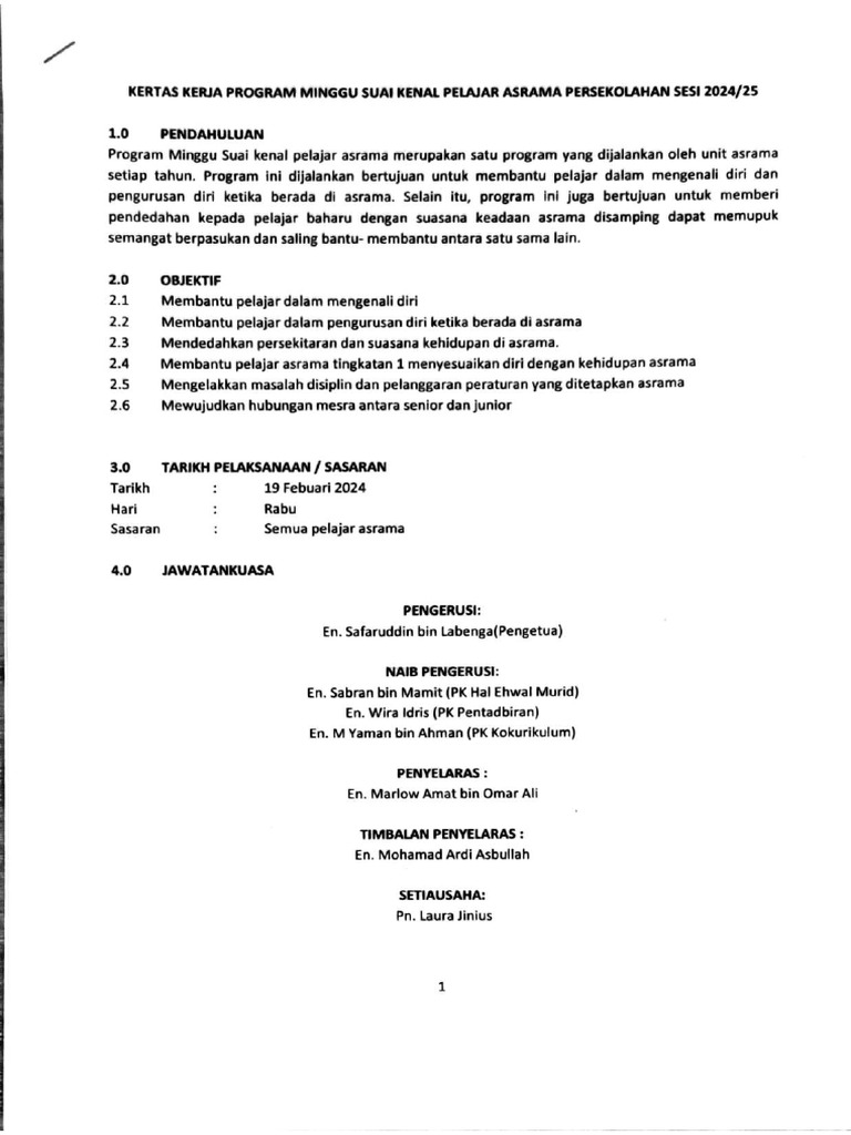 Kertas Kerja Suai Kenal Asrama 2025 | PDF