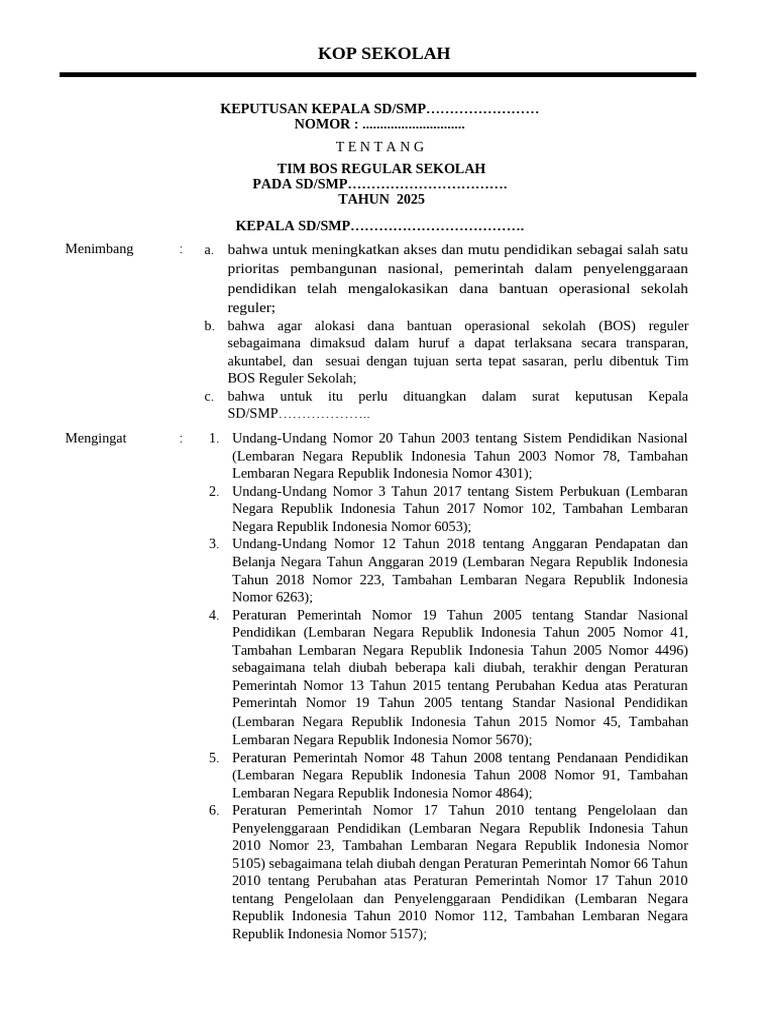 Contoh Format SK TIM BOS Sekolah | PDF