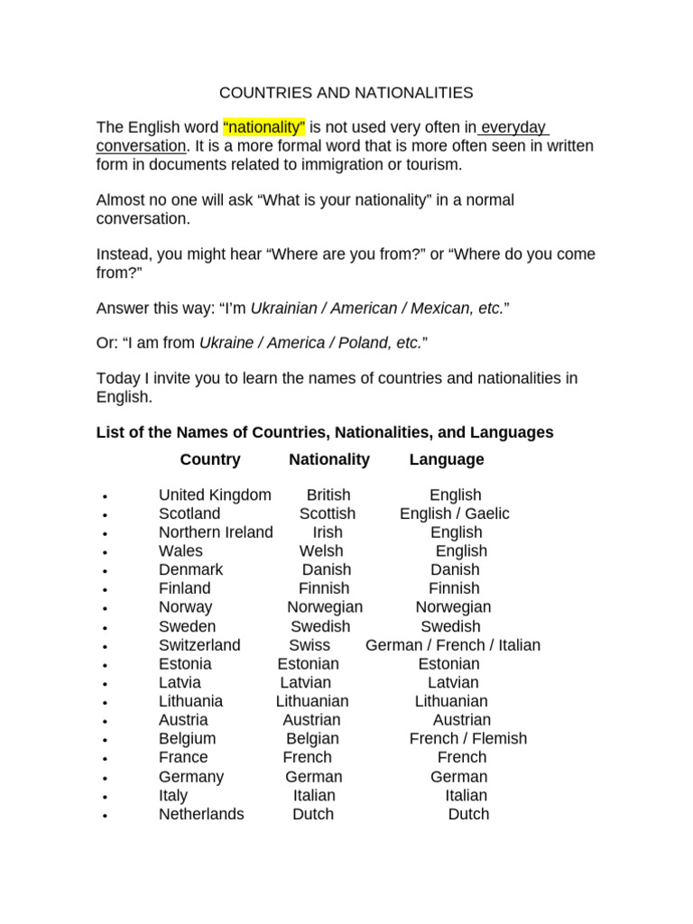 Countries and Nationalities Vocabulary (Stage 11) | PDF | German ...