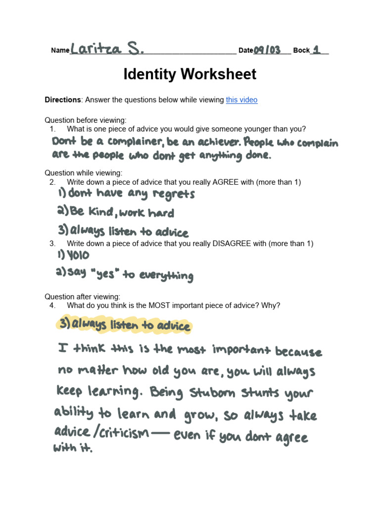 Personal Identity Worksheet | PDF
