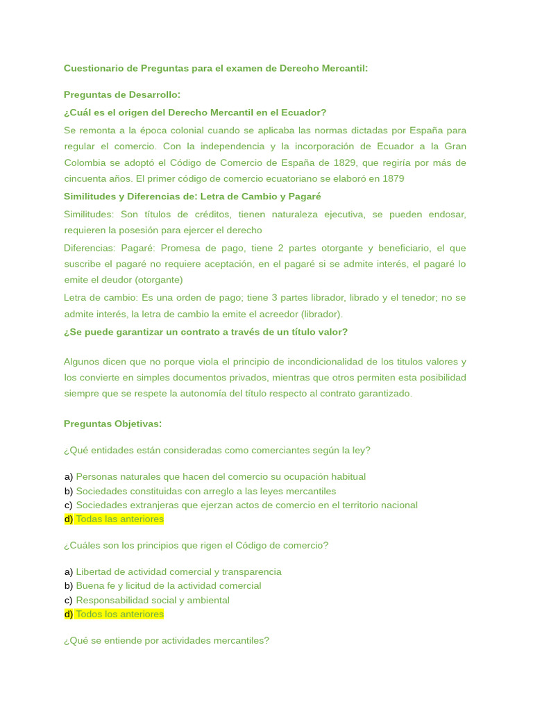 Cuestionario Exámen Derecho Mercantil (2) | PDF | Pagaré | Contabilidad