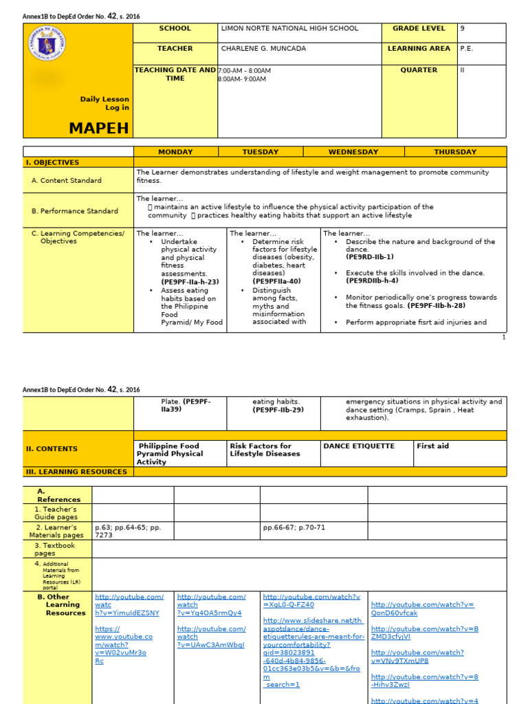 MAPEH Grade 9 Daily Lesson Plan | PDF | Physical Education | Learning