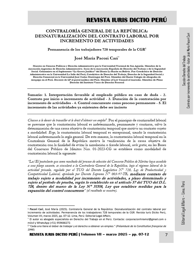 Desnaturalización Del Contrato Laboral Por Incremento de Actividades - Autor José María Pacori ...