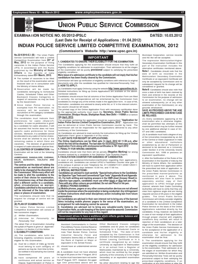 Limited Competitive Examination For IPS, 2012 | PDF