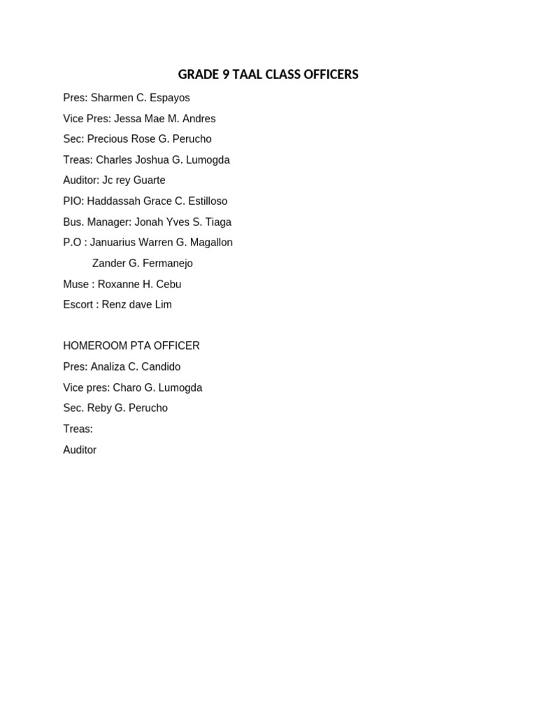 Grade 9 Taal Class Officers | PDF