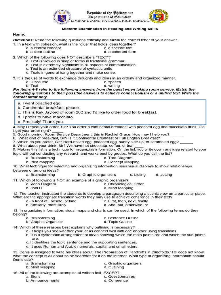 Reading and Writing Midterm Exam | PDF | Brainstorming | Definition