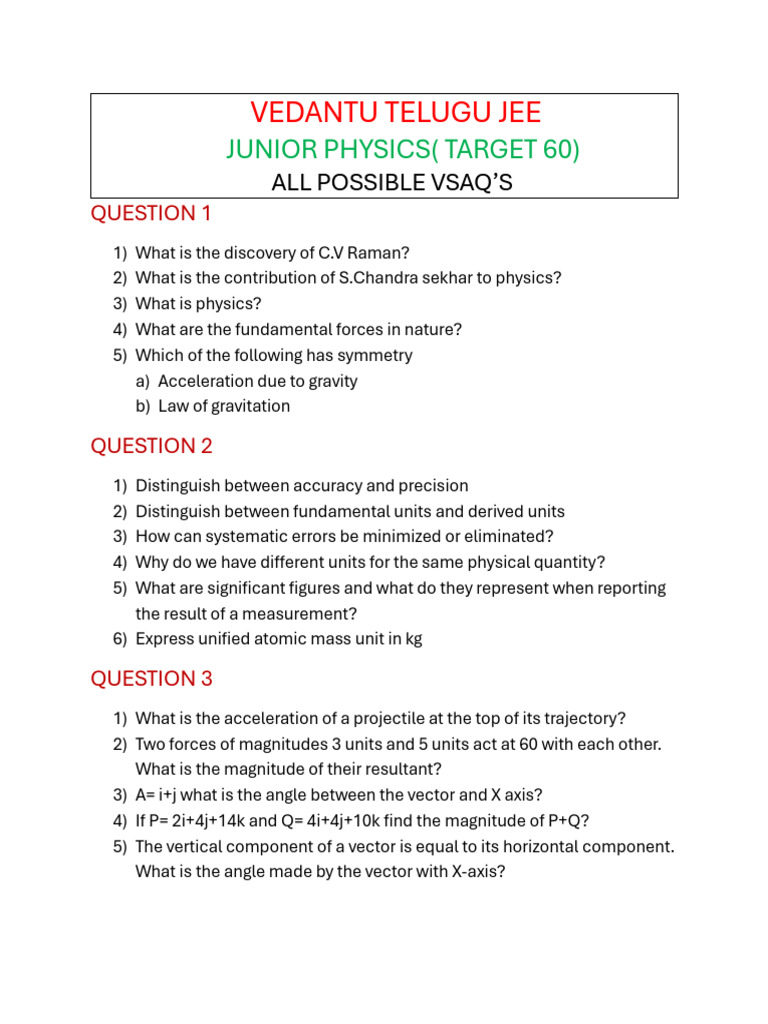 Vedantu Telugu Jee: Junior Physics (Target 60) | PDF | Gases | Force