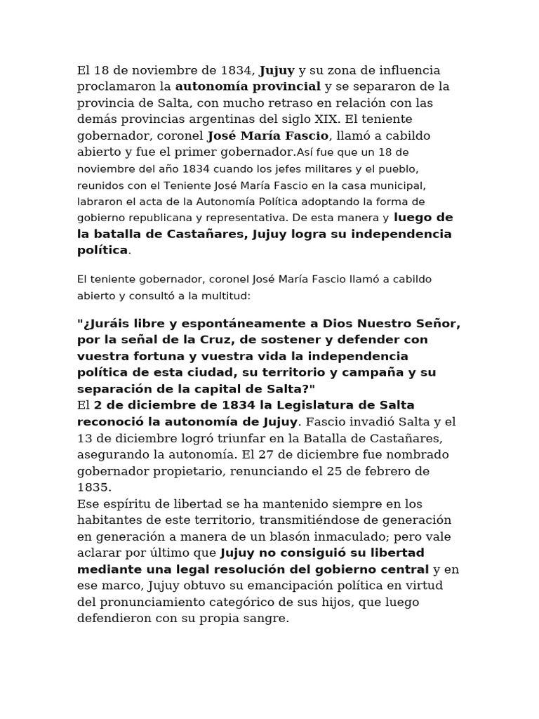 Autonomía Política de Jujuy: 18 Noviembre | PDF