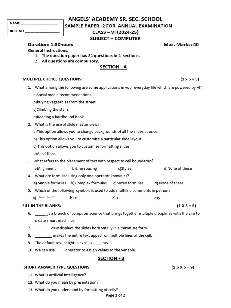 Computer Sample Paper - 2-1 | PDF