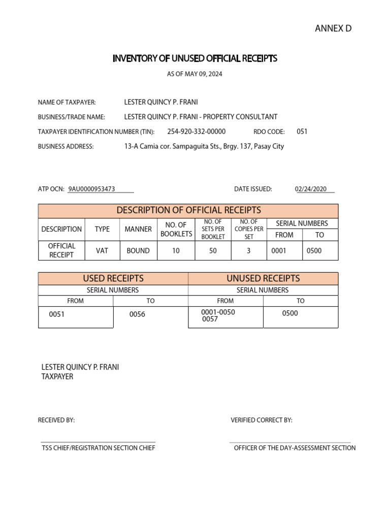 Inventory of Unused Official Receipts | PDF