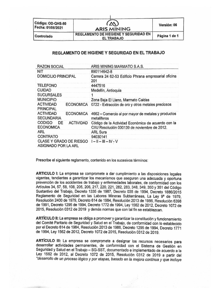 Reglamento de Higiene y Seguridad | PDF