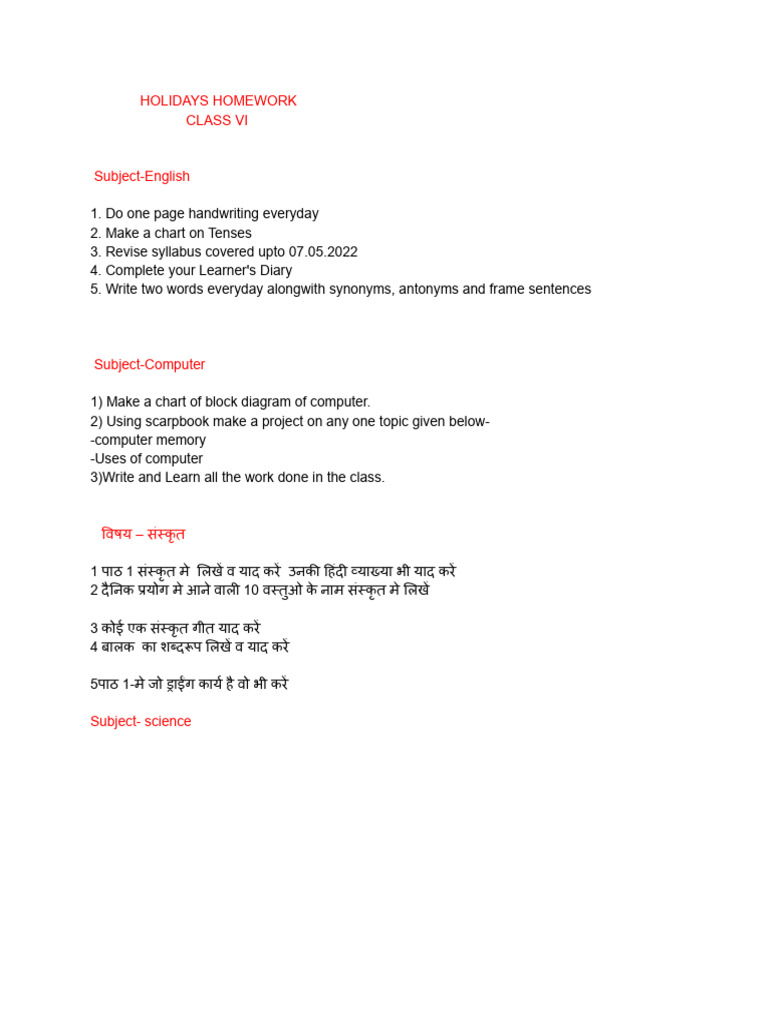 Class 6 Holidays Homework | PDF