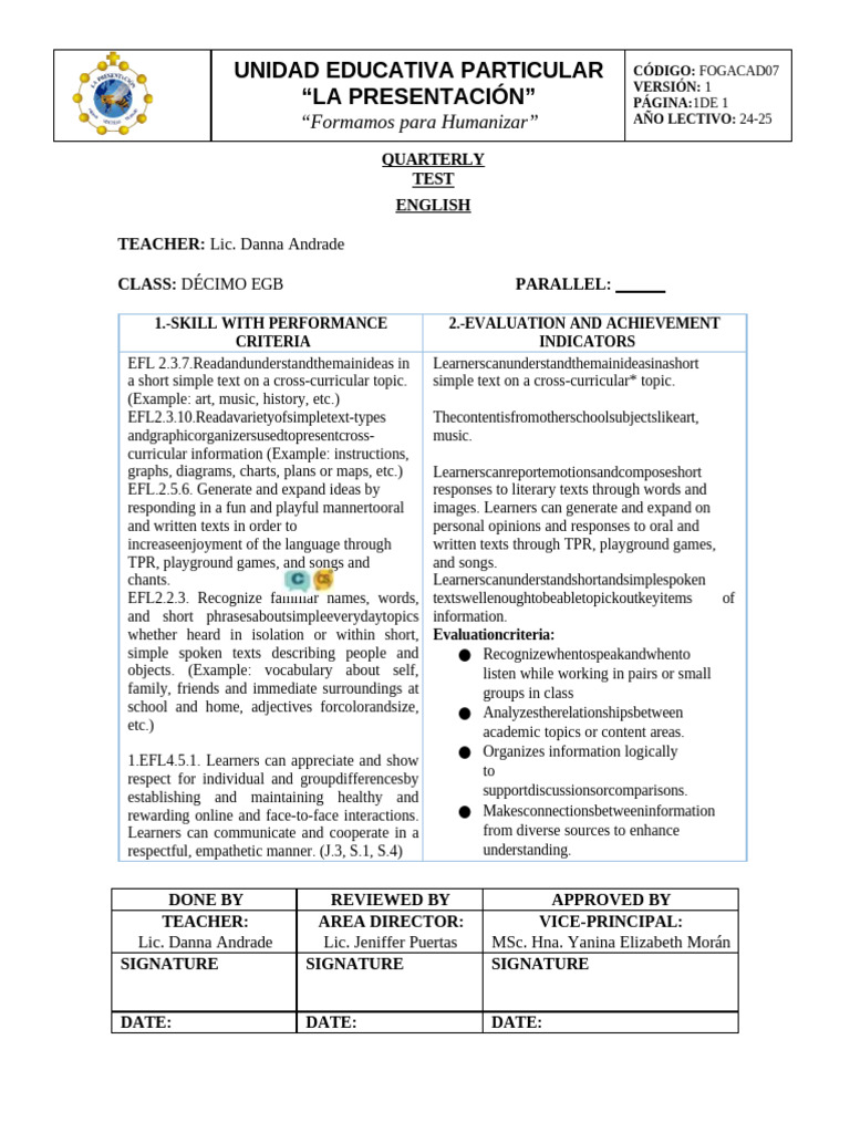 Quarterly Test 10mo | PDF | Perfect (Grammar) | Grammar